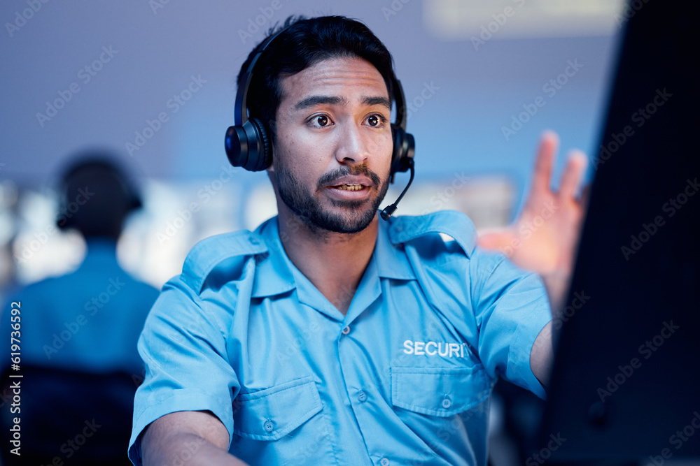 Security dispatch, computer and man with problem, emergency and monitor ...