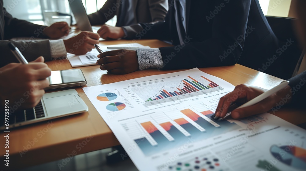 Data planning, research paper and teamwork hands of business man in meeting, graph analytics and ...