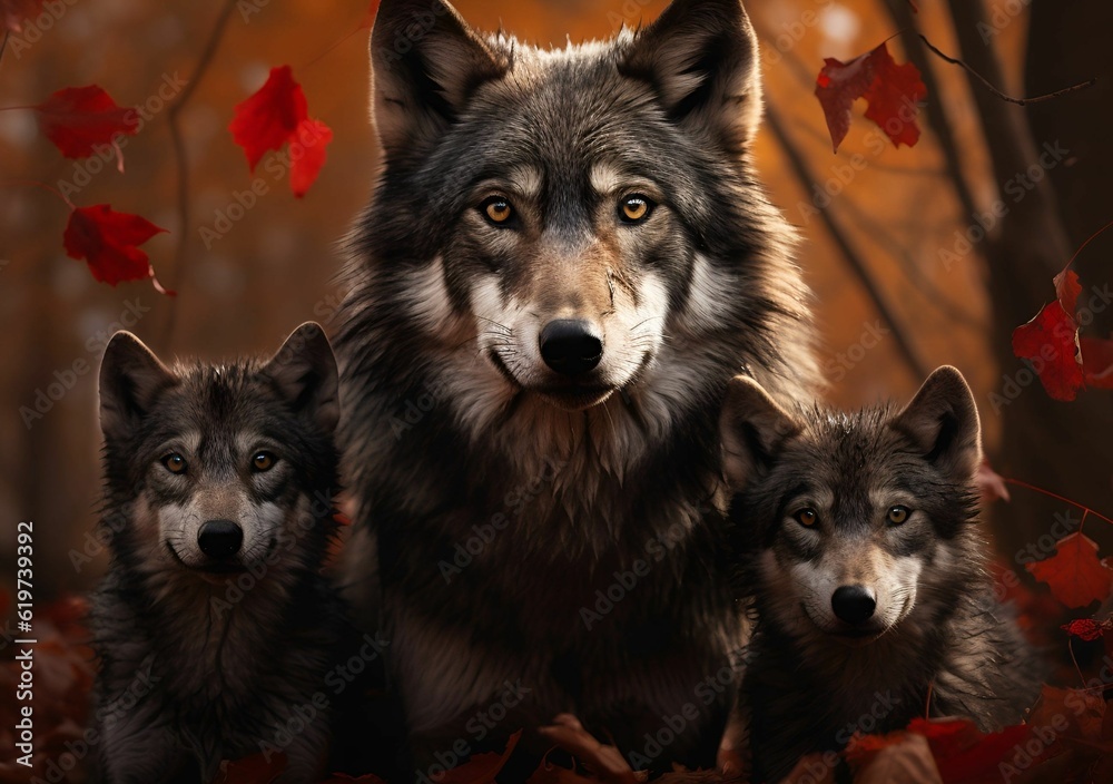 AI generated illustration of a family of wolves posed together on a ...