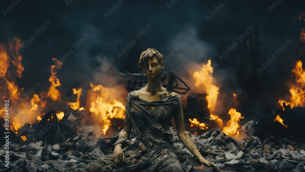 Sad emotional scene of a neoclassical French marble statue broken in a ...