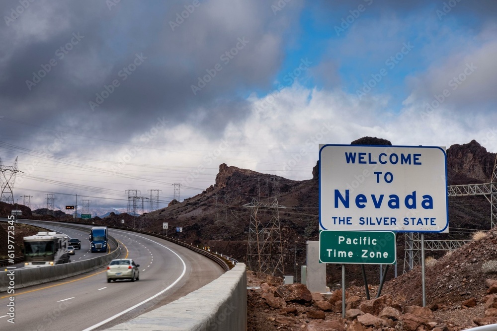 Nevada Welcomes You: Iconic Road Sign Board with Bustling Traffic ...