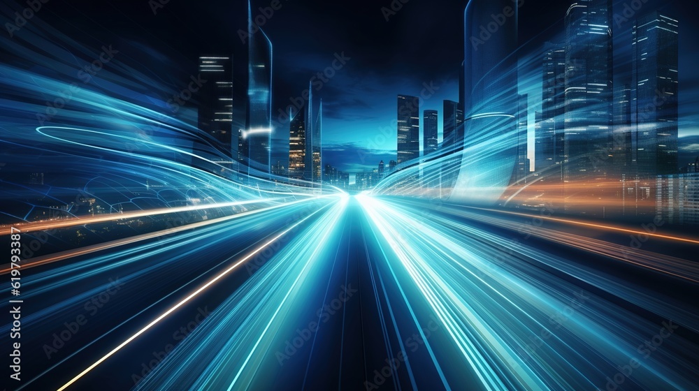 warp speed in hyperloop with blue light from buildings' lights in mega ...