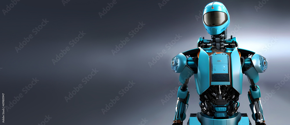 humanoid robot standing in front of studio background, robotic cyborg ...