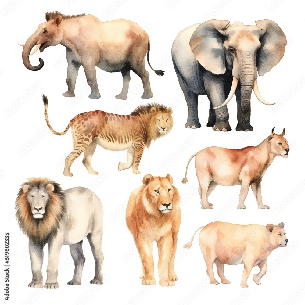 Vintage watercolor African Animals clip art set on white background ...