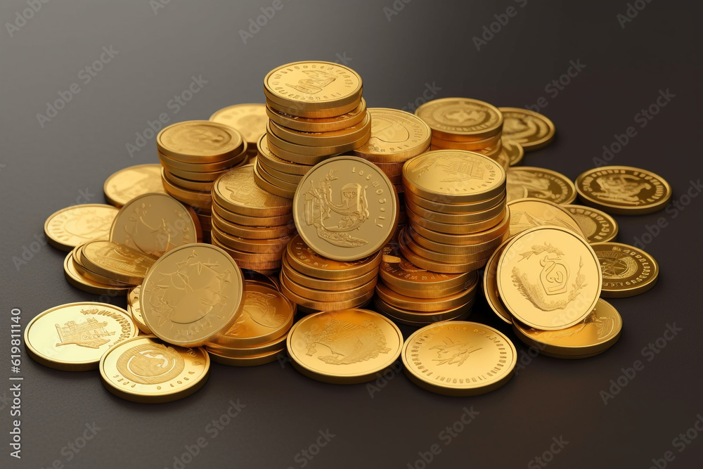Collection of gold coins stacked collector render minimal background ...