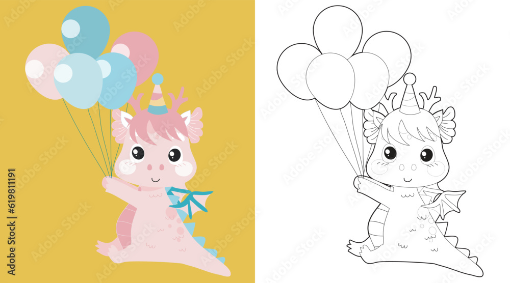 Coloring baby dragon holding balloons and wearing birthday hat. Cute ...