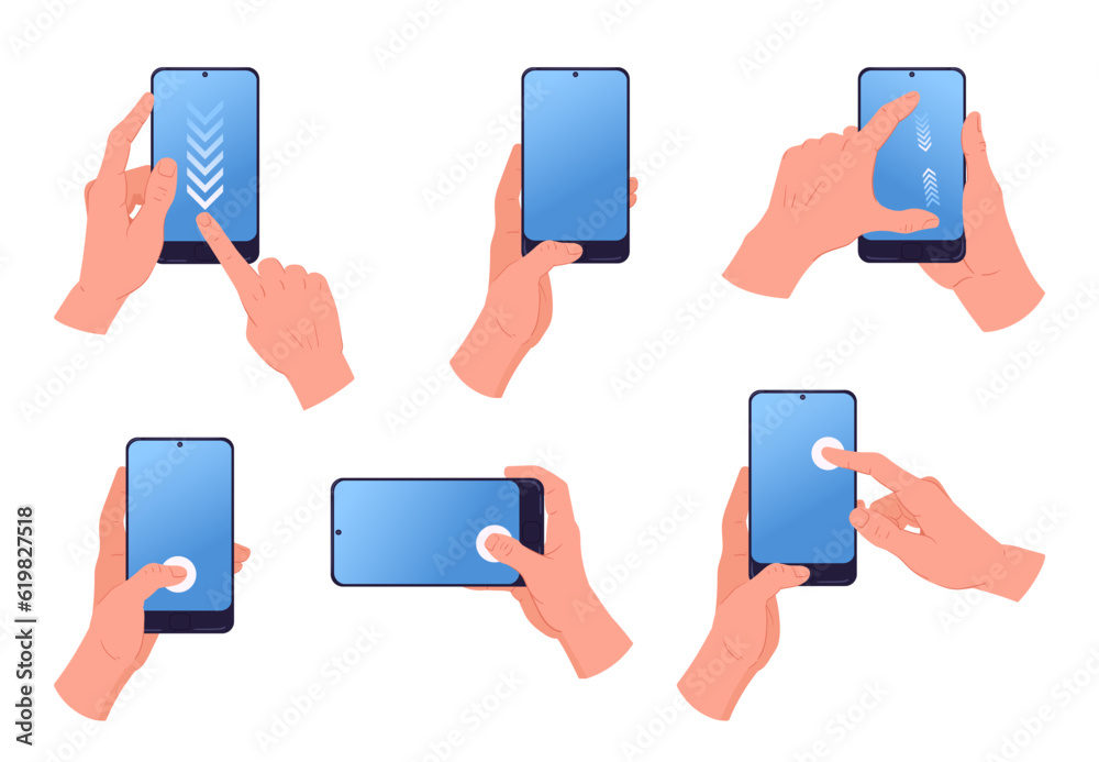 Cartoon screen touch gestures. Hands using smartphones, tap, swipe ...