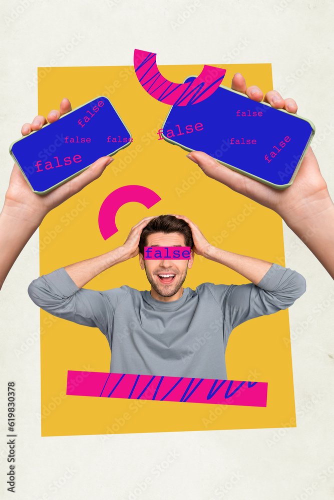 Magazine template vivid collage of shocked young guy brainwashed buy ...