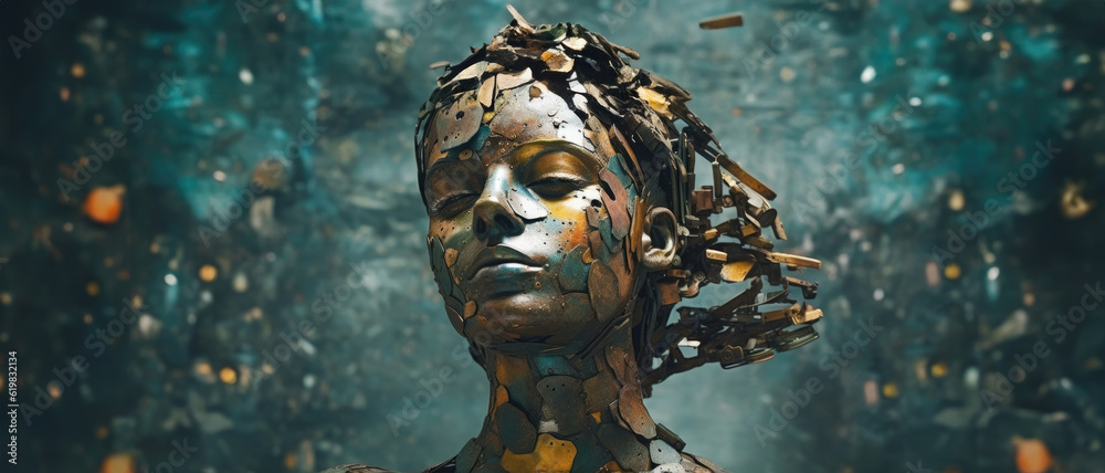 Concrete and welded rusty corroded steel metal sculpture portrait of a ...