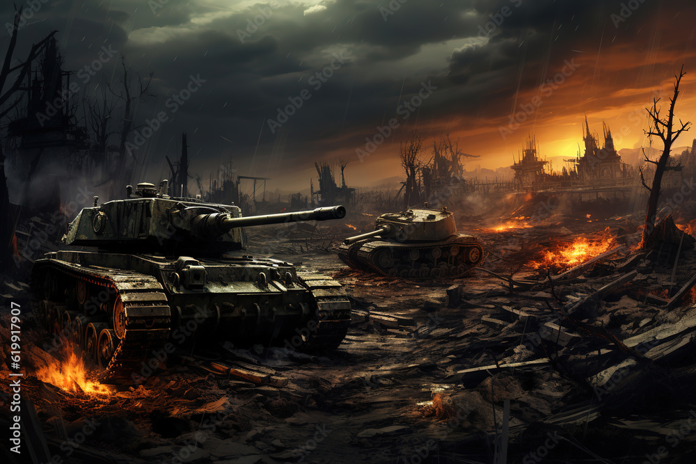 scorched battlefield, littered with destroyed tanks and remnants of war ...