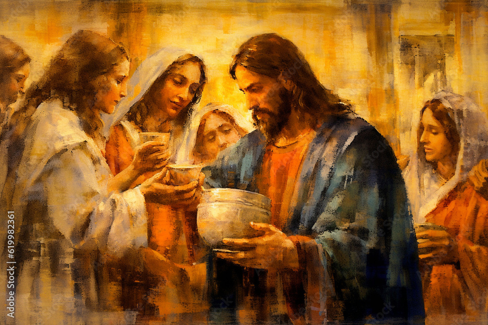 Jesus Christ turns water into wine. Religion Bible. History. During a ...