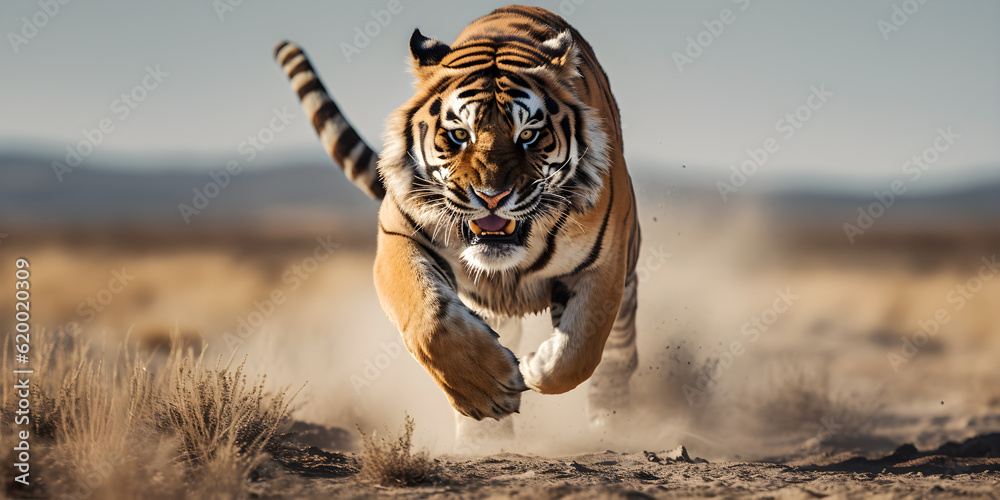 Bengal tiger run across the vast plains, burly bodies, swift movements ...