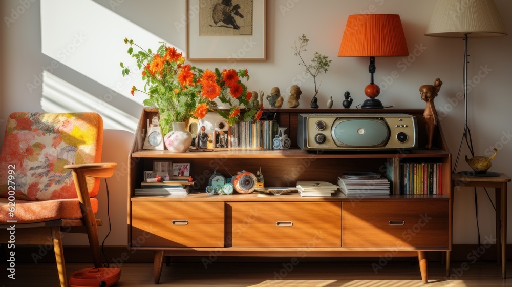 Retro living room design with old television, cabinet and radio along ...