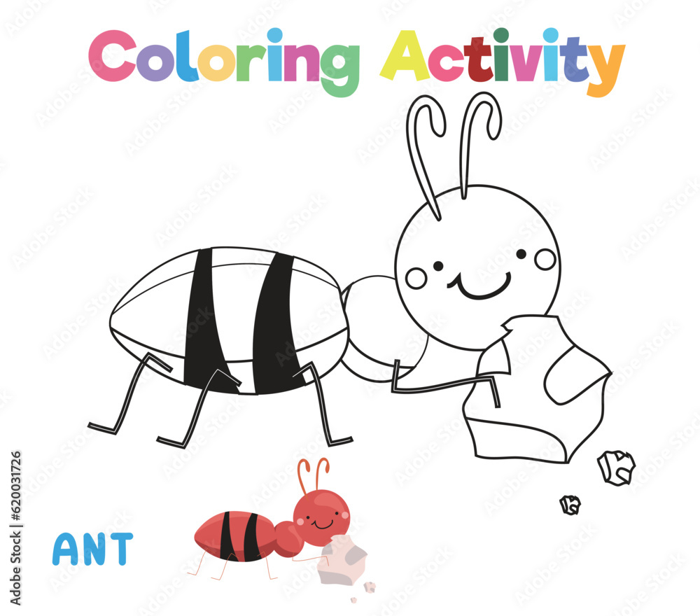 Coloring a cute ant eating sugar. A colouring page of the insect ...