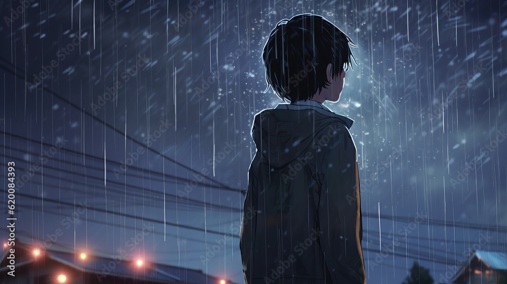 Silhouette of a person in the rain - Melancholic anime boy standing in ...