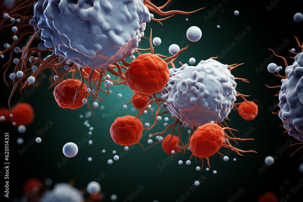 Depicting cancerous cells invading and attacking healthy brain tissue ...