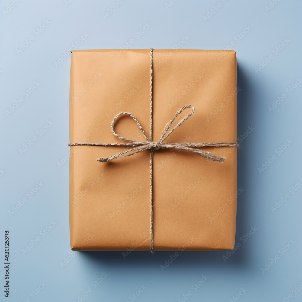 brown paper package tied up with string isolated on plain blue studio ...