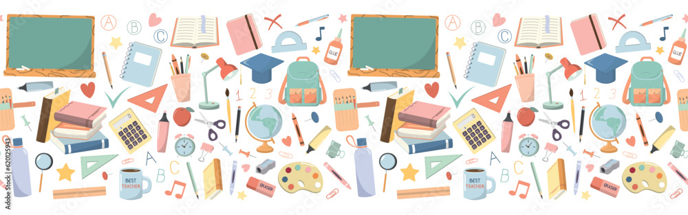 School education seamless border with cartoon school supplies ...