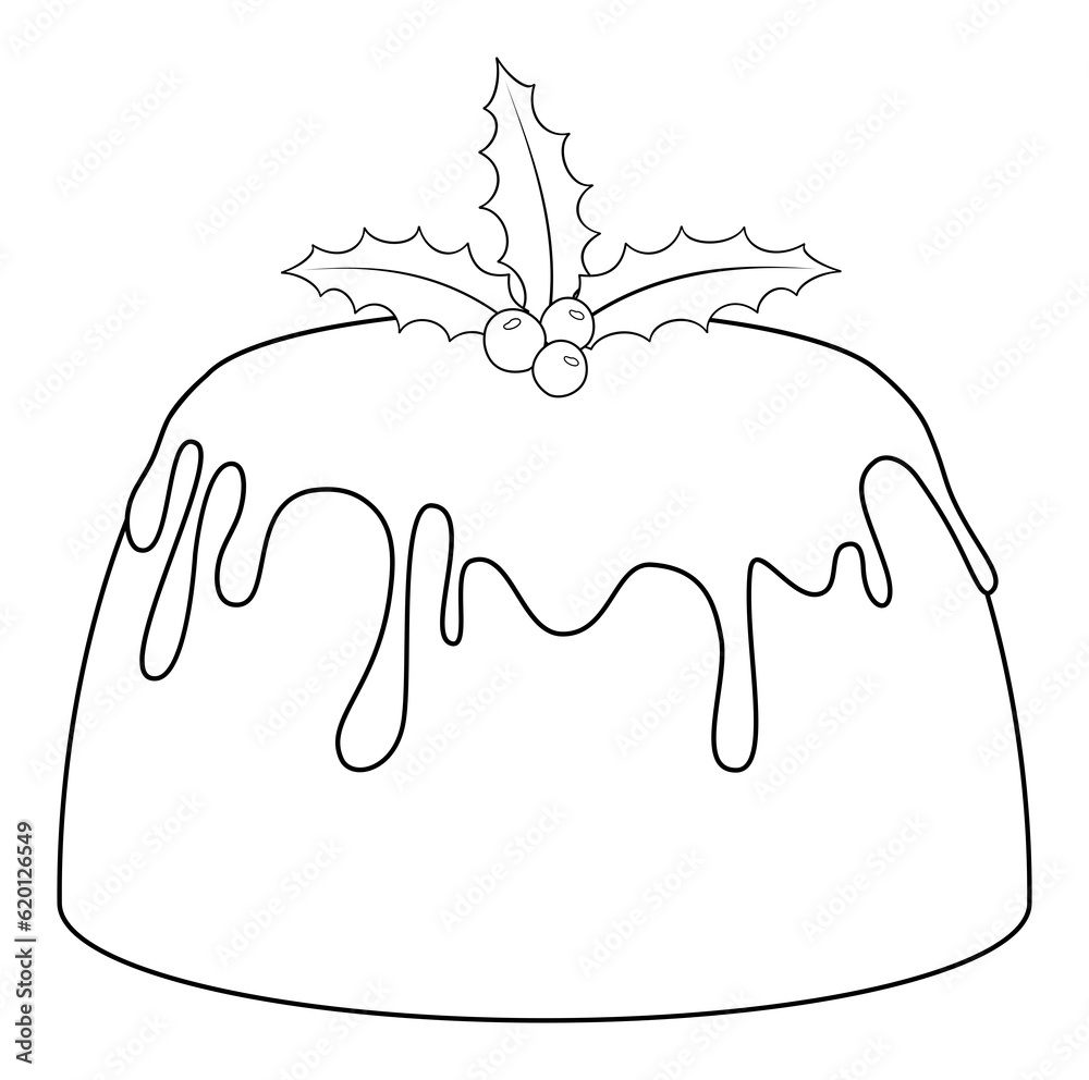 Christmas pudding with christmas holly berry clipart. Outline ...