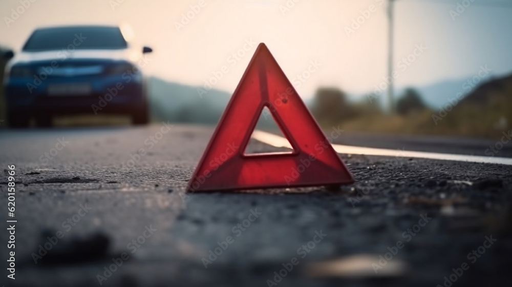 Red emergency stop sign,red triangle warning sign next to highway road ...