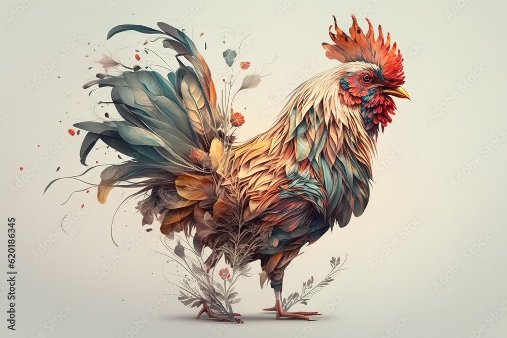 Image of a painting a rooster with colorful tropical flowers. Farm ...