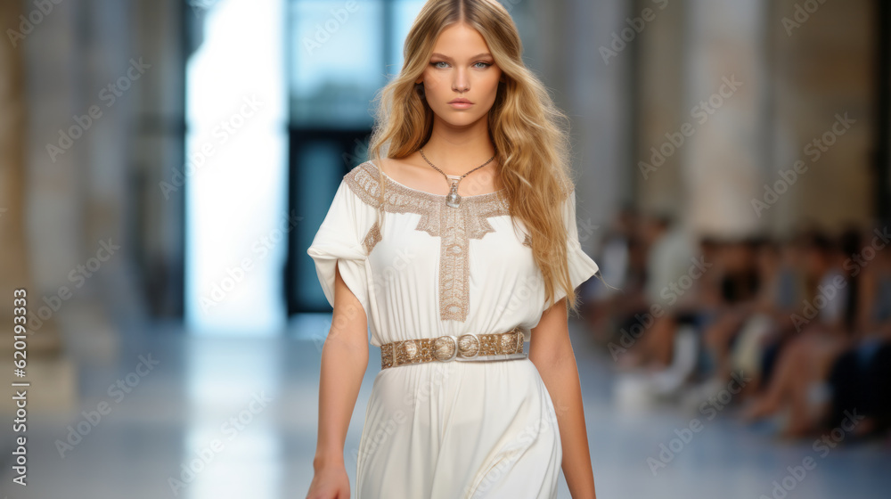 Beautiful top model girl in the fashion week runway wearing white dress ...