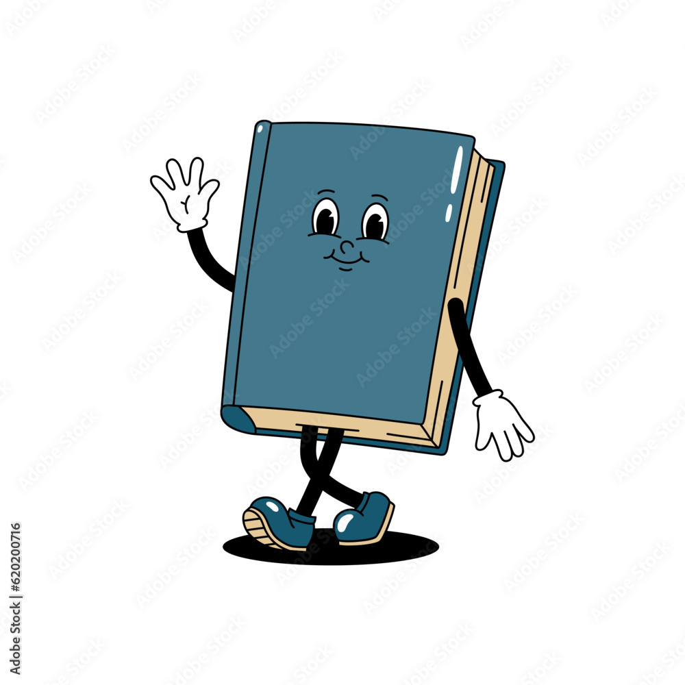 Vector cartoon retro mascot color illustration of walking book. Vintage ...