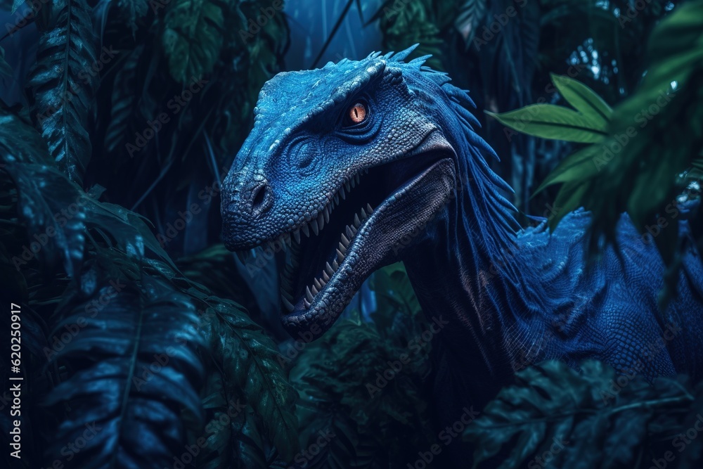 A realistic velociraptor hidden in the jungle at night. Concept ...