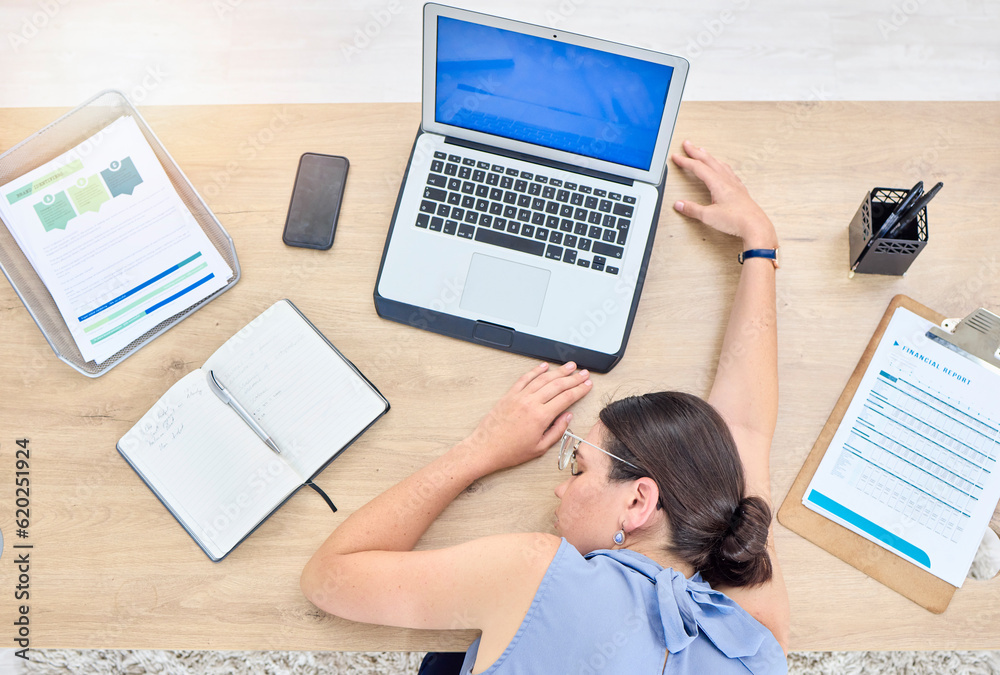 Woman, sleeping on desk and tired employee in office with burnout ...