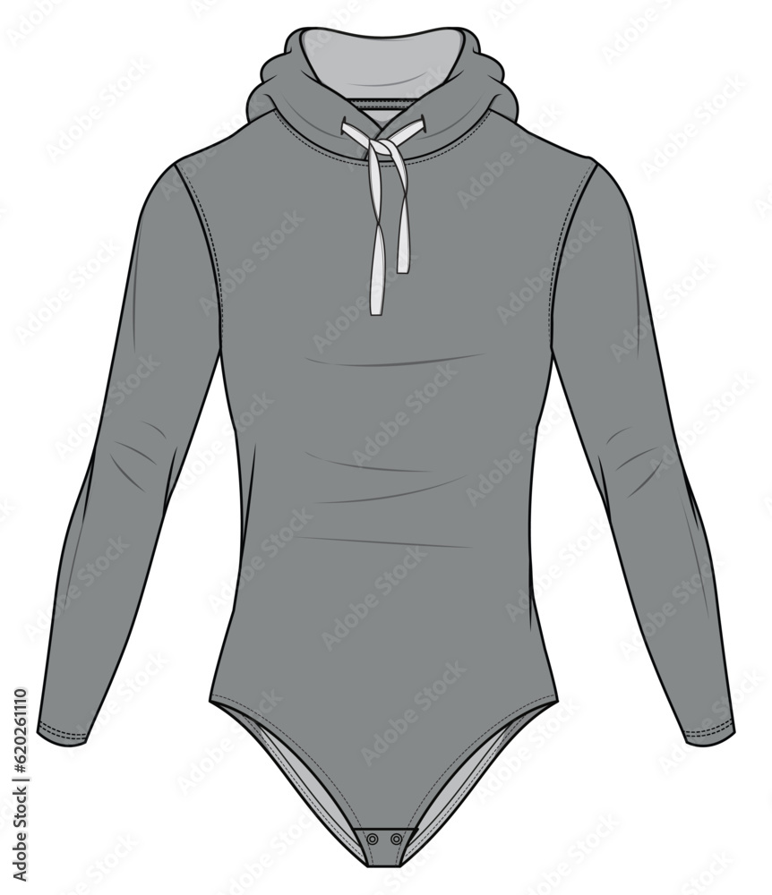Hoodie Leotard Bodysuit Fashion Flat Sketch Vector Illustration, CAD ...