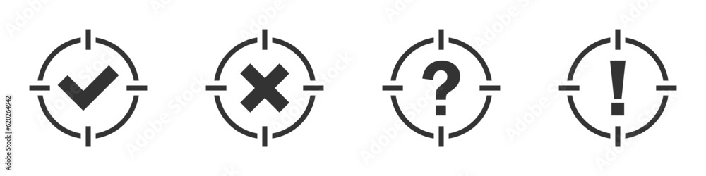 Target icon with check mark cross exclamation point and question mark ...