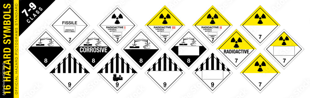 Full set of 16 Class 7-9 isolated hazardous material signs. Radioactive ...