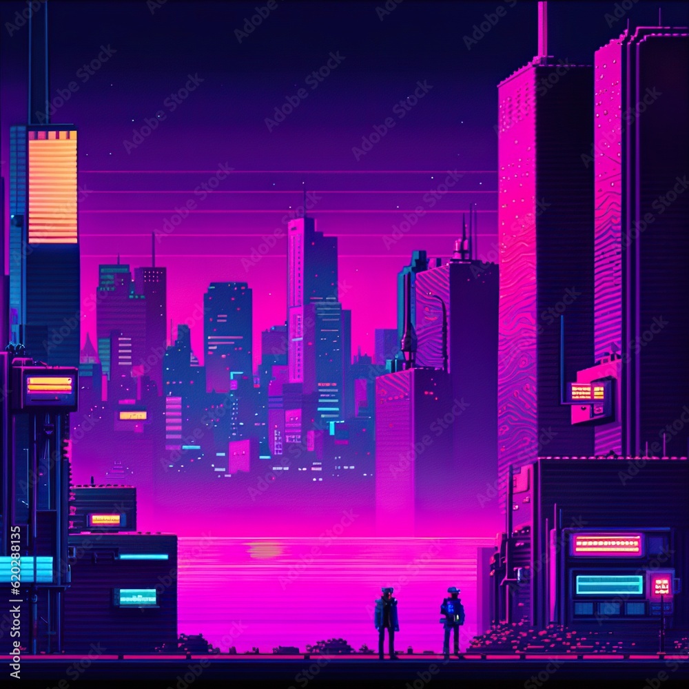 Cyberpunk neon city night. Futuristic city scene in a style of pixel ...