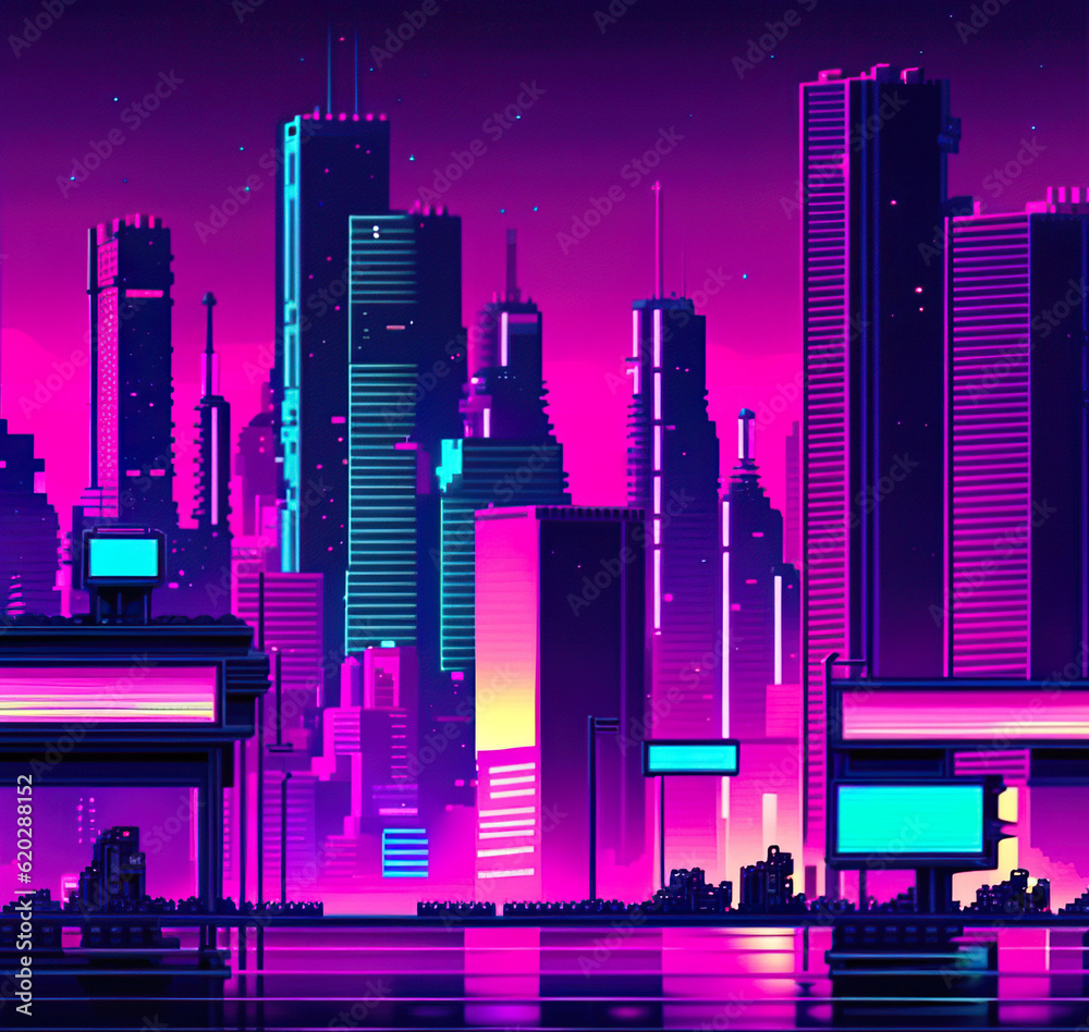 Cyberpunk neon city night. Futuristic city scene in a style of pixel ...
