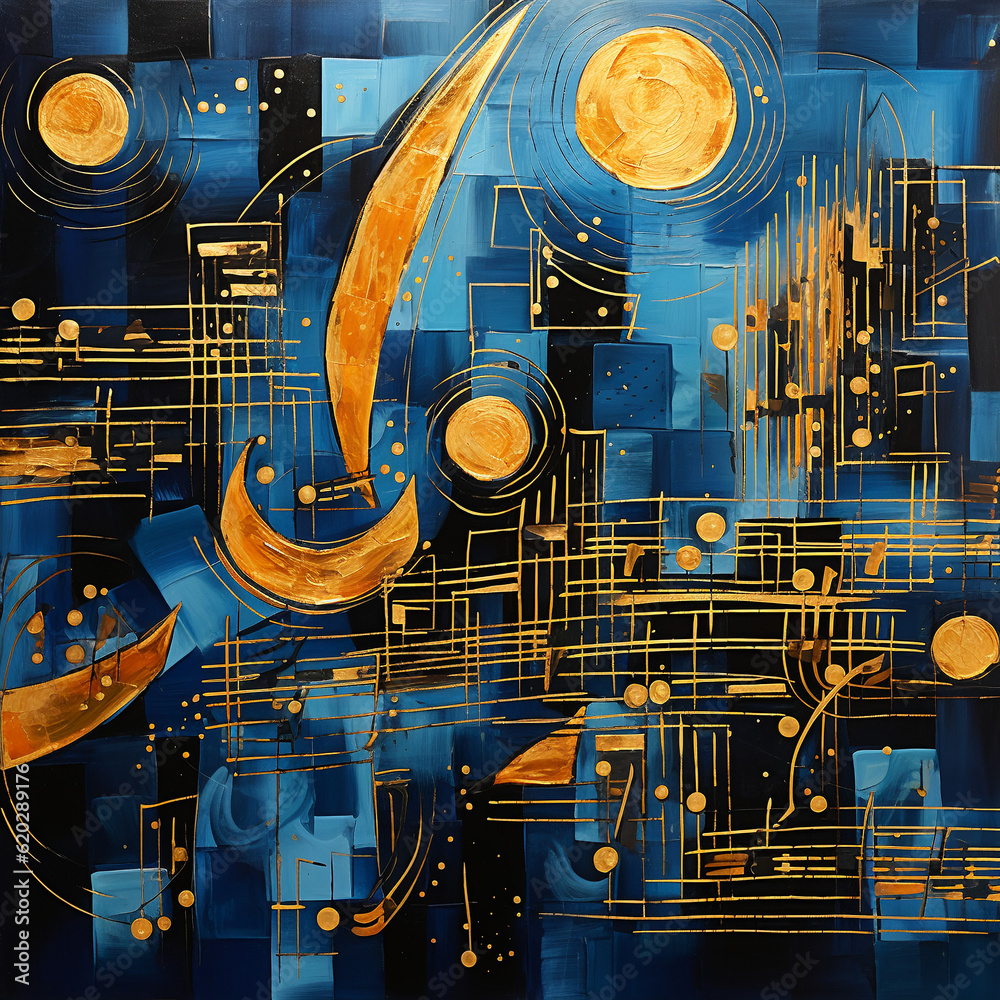 Illustration Stock An abstract painting featuring golden notes, deep ...