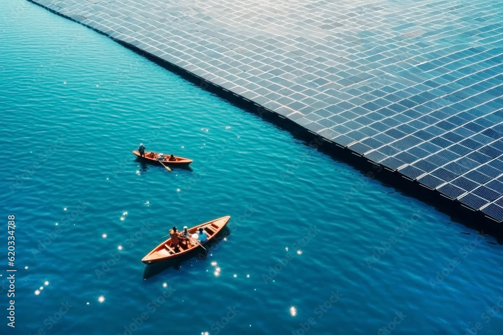 Aerial view of floating solar panels or solar array platform and two ...