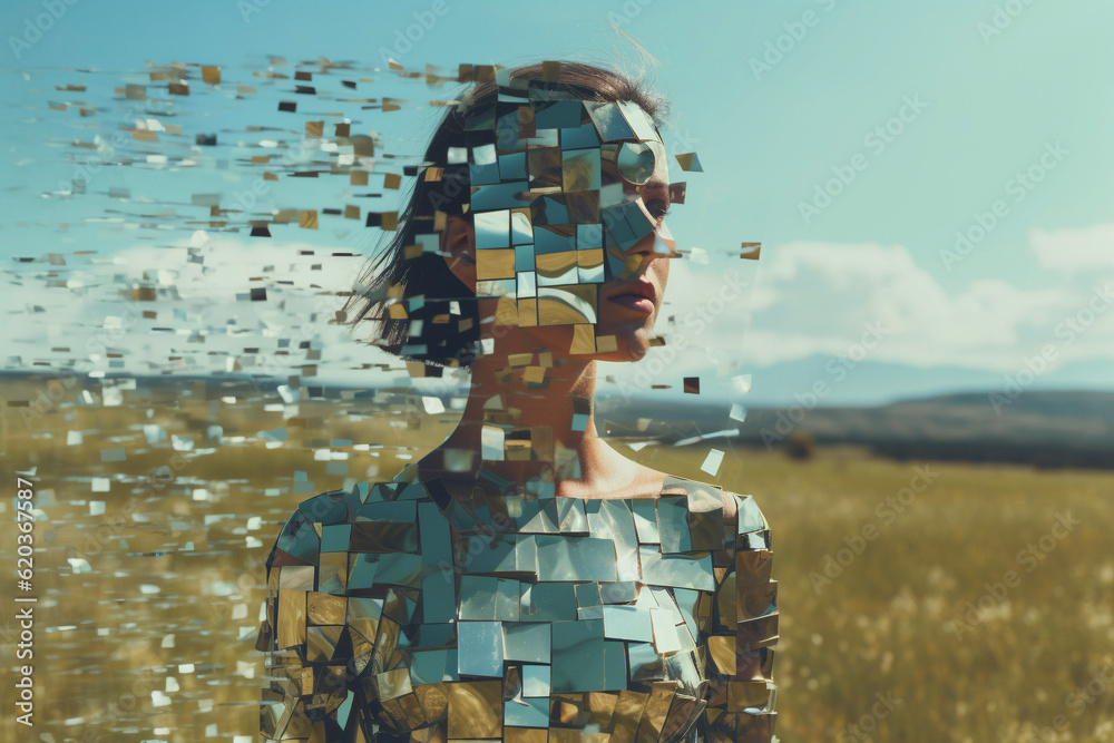 Woman standing in a Field Pixelated Metallic Falling Apart ...