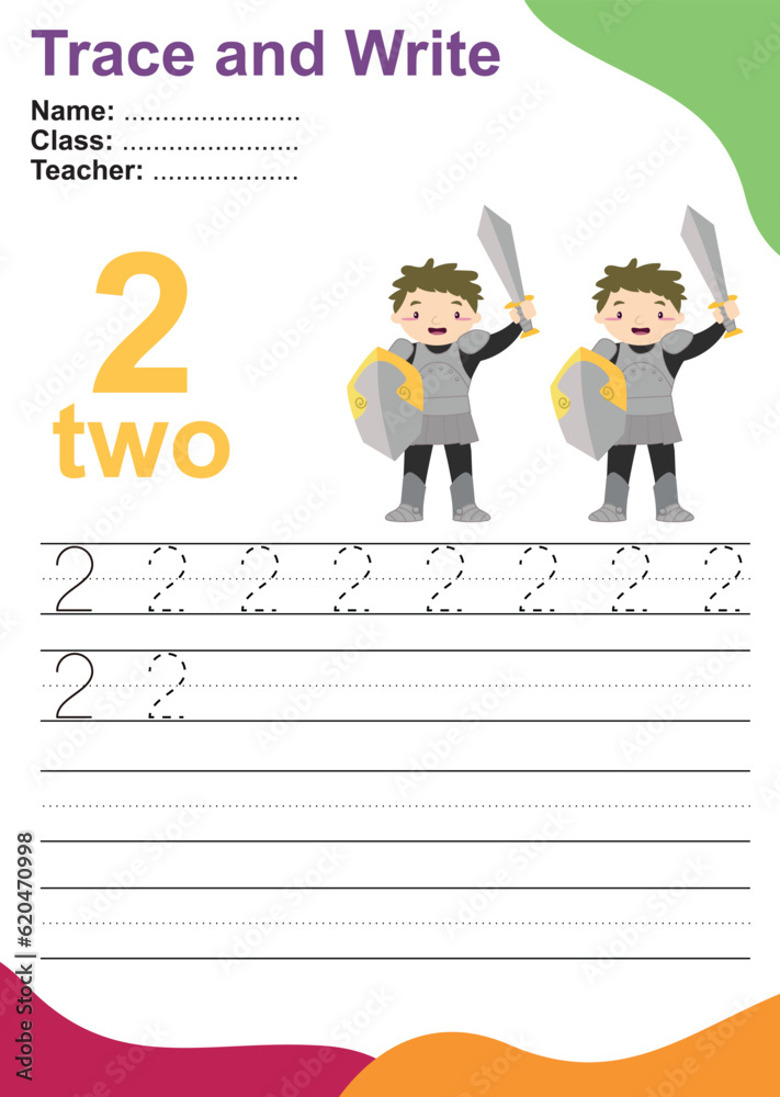 Number two tracing practice worksheet with two knight in armour for ...
