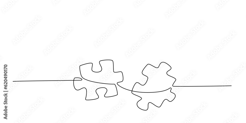 Continuous single line drawing of two puzzle jigsaw pieces. One line ...
