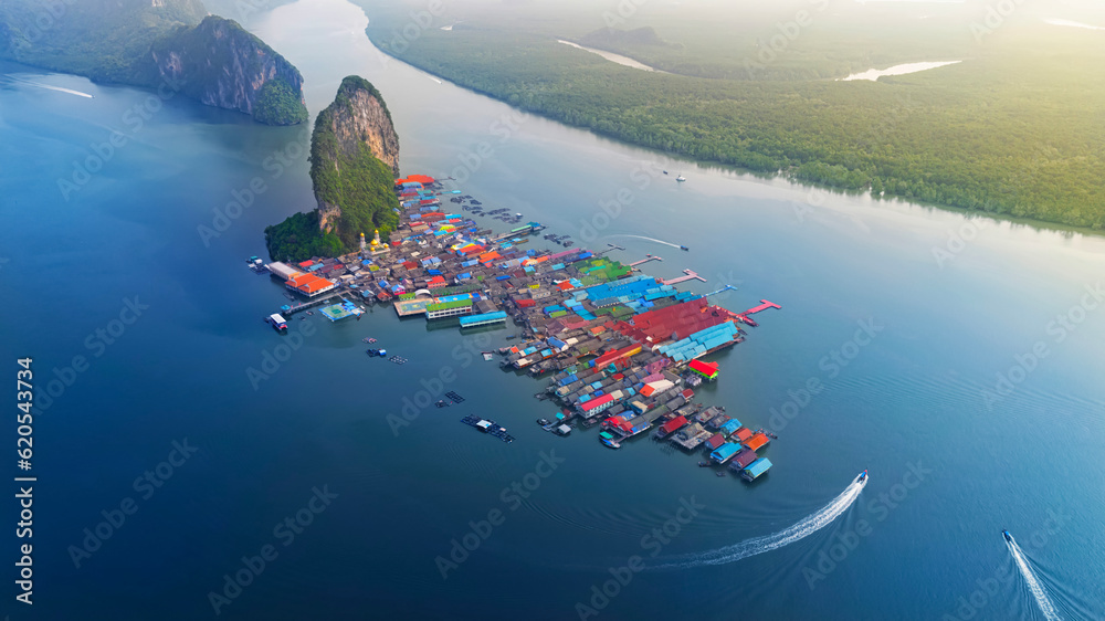 Aerial view of floating village, Koh Panyee fishing village island in ...