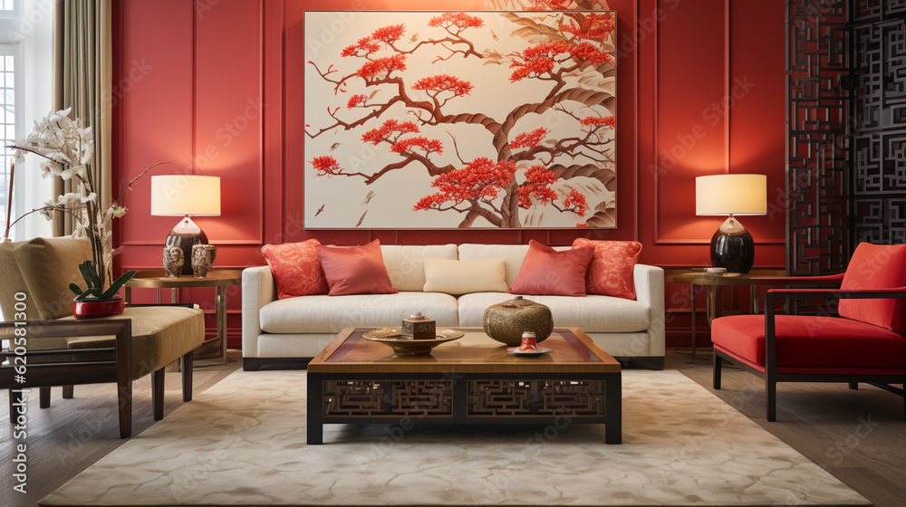 Interior design of a living room with a traditional Chinese phoenix ...