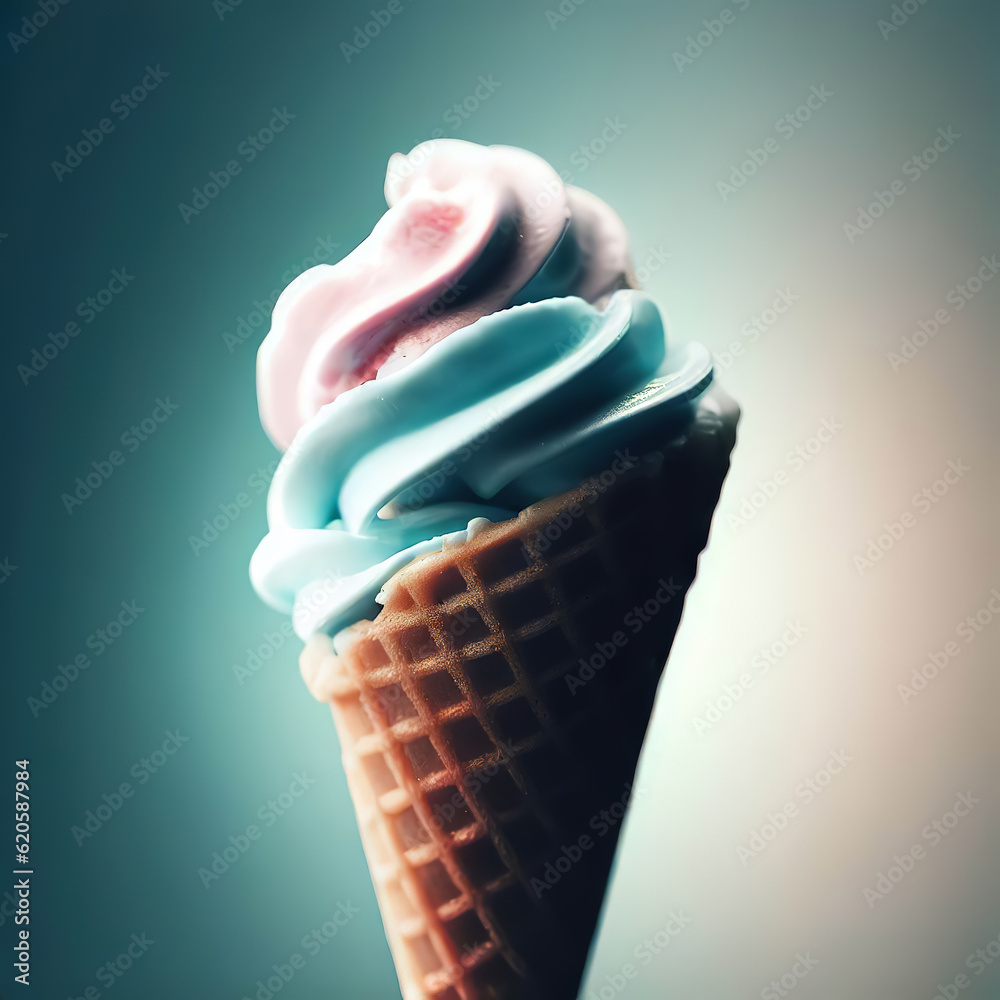 Cono de helado de heladería. Helado azul y rosa para comer. Delicioso ...