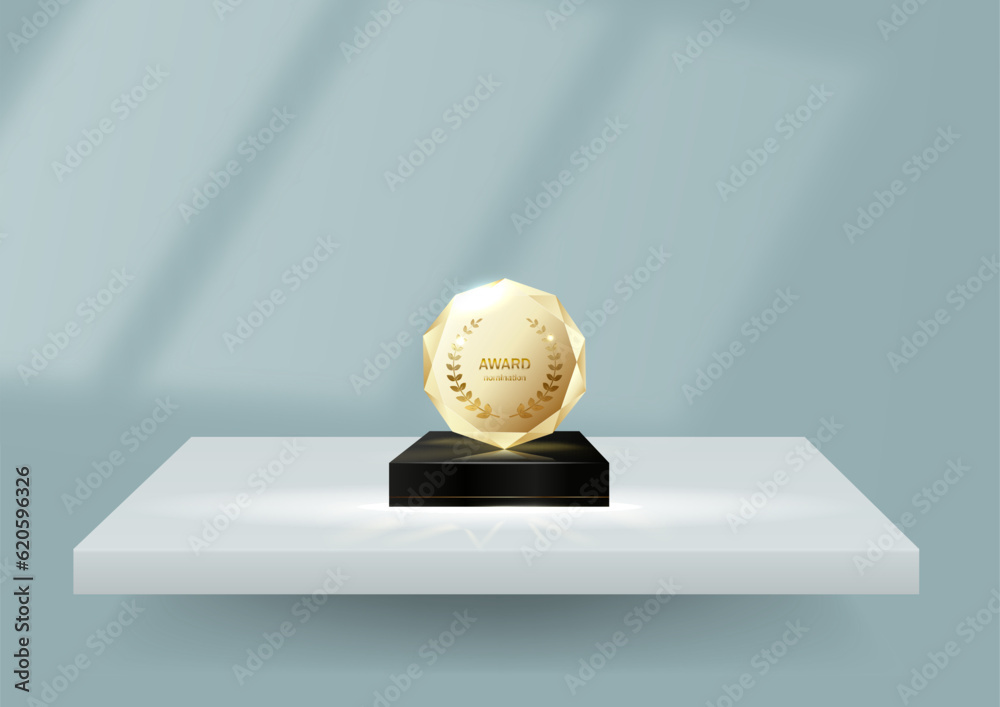 Blank frame and acrylic glass trophy award on shelf mockup set, vector ...