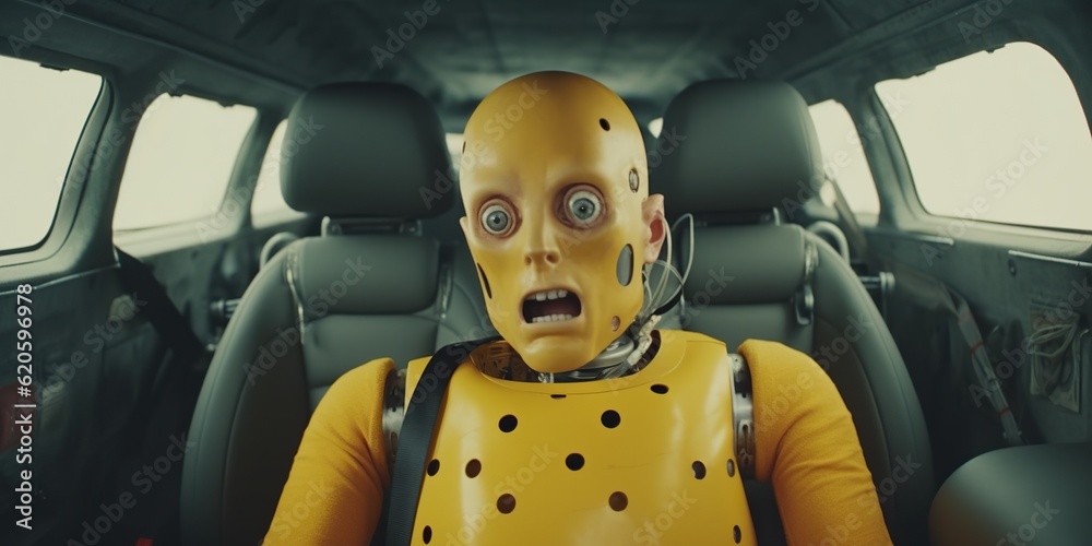 Scared crash test dummy inside car, concept of Safety engineering ...