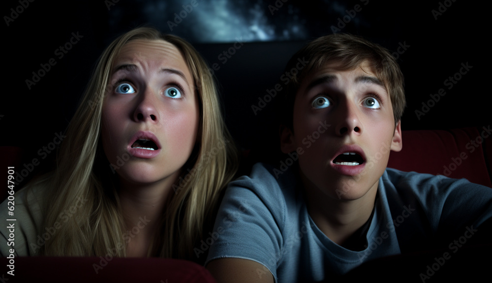 Young scared teenagers couple at the cinema watching an horror movie and screaming in the Cinema ...