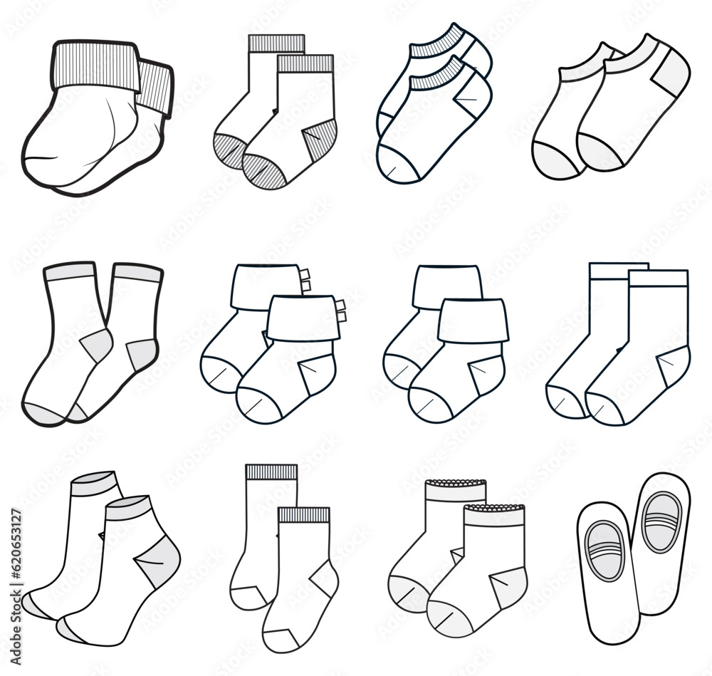 Set of Kids Socks flat sketch fashion illustration drawing template ...