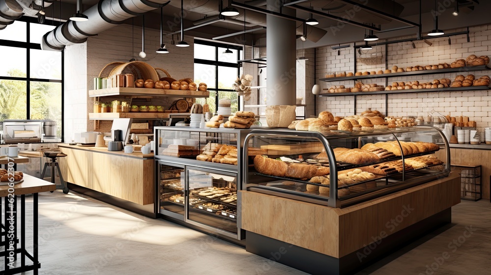 interior of a shop. Bakery shelf with many types of bread. bakery with ...