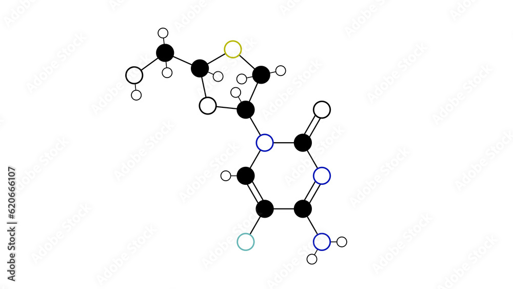 emtricitabine molecule, structural chemical formula, ball-and-stick ...