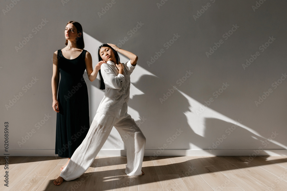 Confident ballerina dancing with partner in studio Stock Photo | Adobe ...