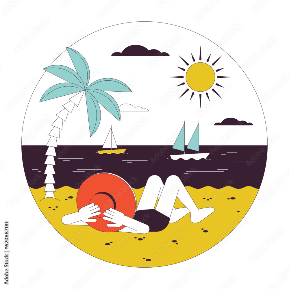 Vacation beach flat line vector spot round illustration. Lying ...